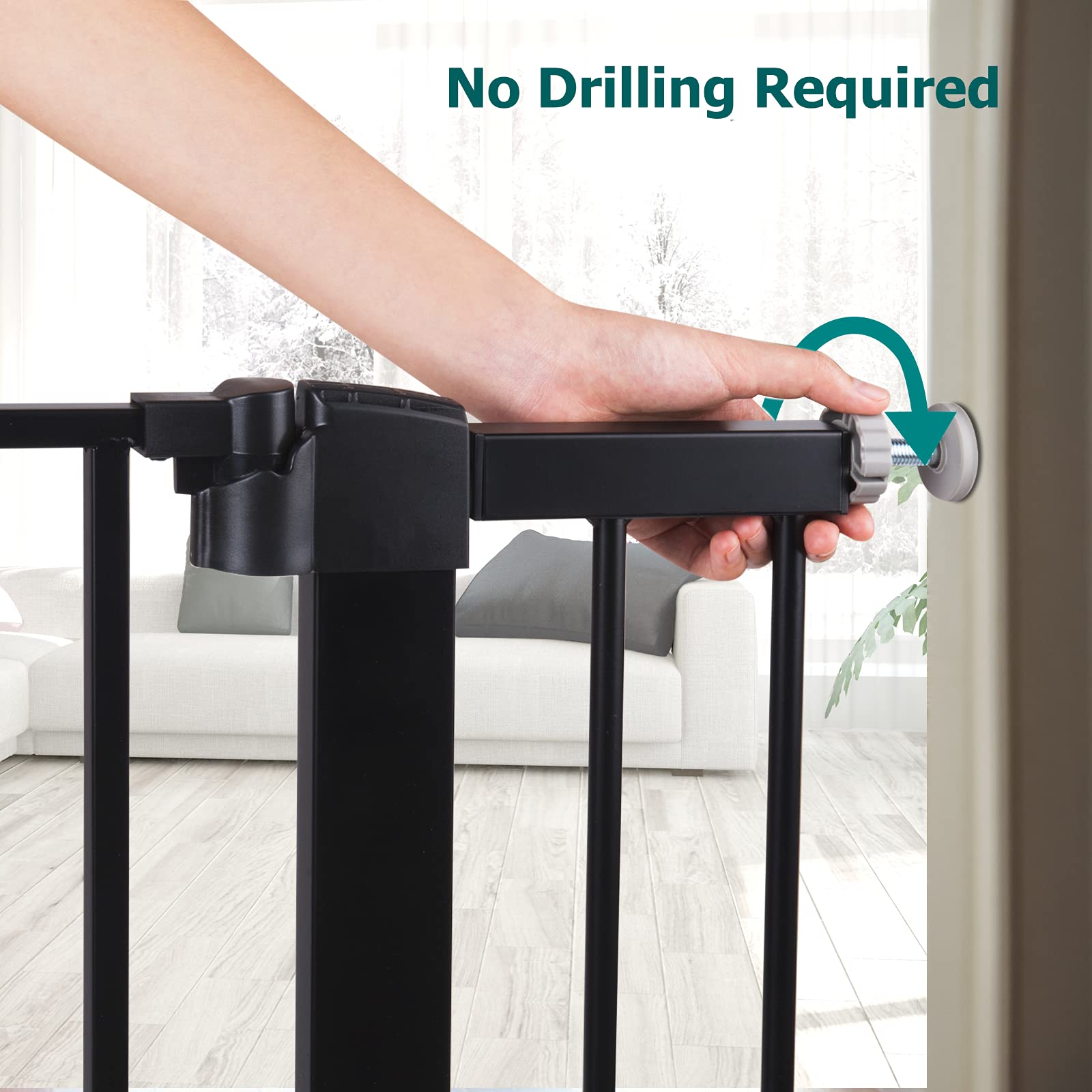 BABELIO 26-34.5 Inch Easy Install Narrow Pressure Mounted Metal Baby Gate, No Drilling, No Tools Required, with Wall Protectors and Extenders (Black)
