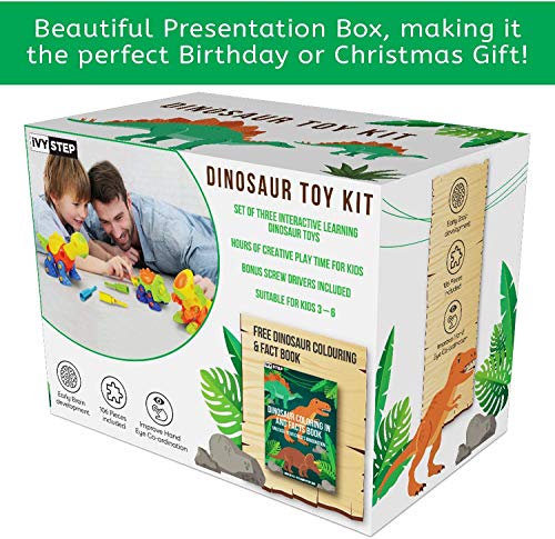 Dinosaur Building Toy Set for Kids - STEM Take Apart Construction Toys Include Build a Dino Construct & Play Kit, Storage Bag, & Coloring Book - Educational Toys, Birthday Party Toy Dinosaurs