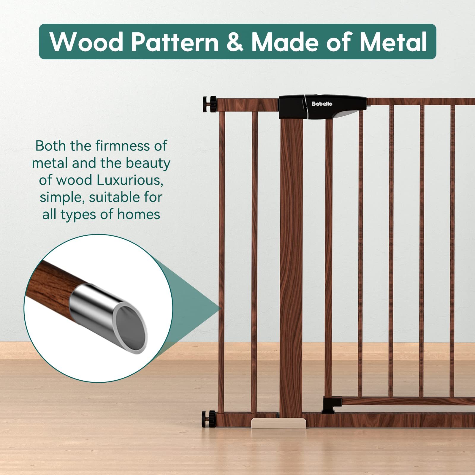 BABELIO 29-46 Inch Pressure Mounted Metal Baby Gate with Vintage Dark Brown Wood Pattern, Easy Install, No Drilling, No Tools Required, with Wall Protectors and Extenders