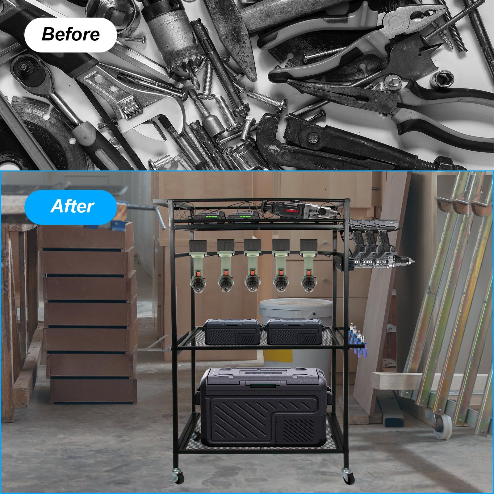 AQNIEGEP Power Tool Organizer Cart with 3 Charging Station, Garage Rolling Tool Storage Cart, Mobile Tool Cart with Wheels, Garage Workshop Gift Ideas for Dad Men Black