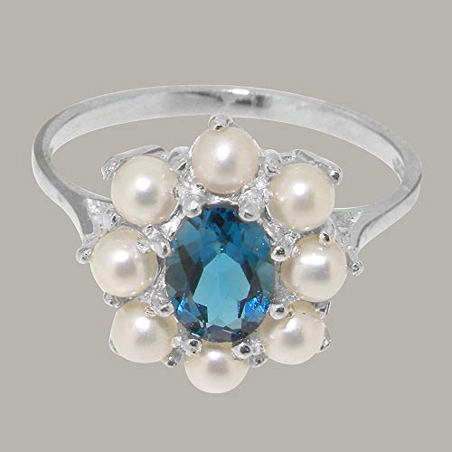 925 Sterling Silver Natural London Blue Topaz & Cultured Pearl Womens Statement Ring - Size 9