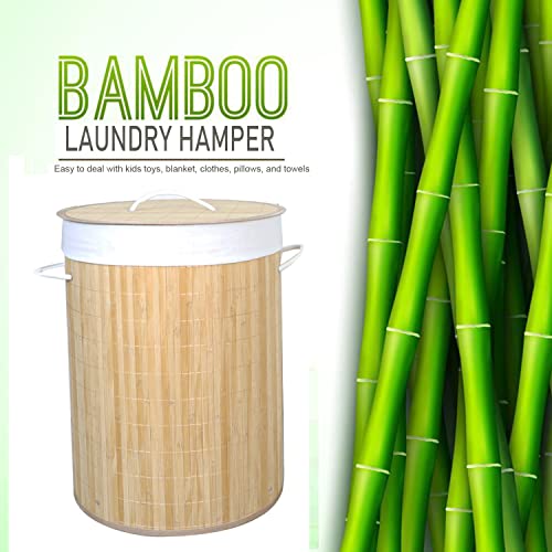 Bamboo Round Clothes Laundry Hamper with Lid 2 Removable Liner Bags,Handwoven Bamboo Laundry Basket with Easy Carry Handles,Large Clothes Basket for Clothes,Bedroom, Toys in Bathroom, Beige
