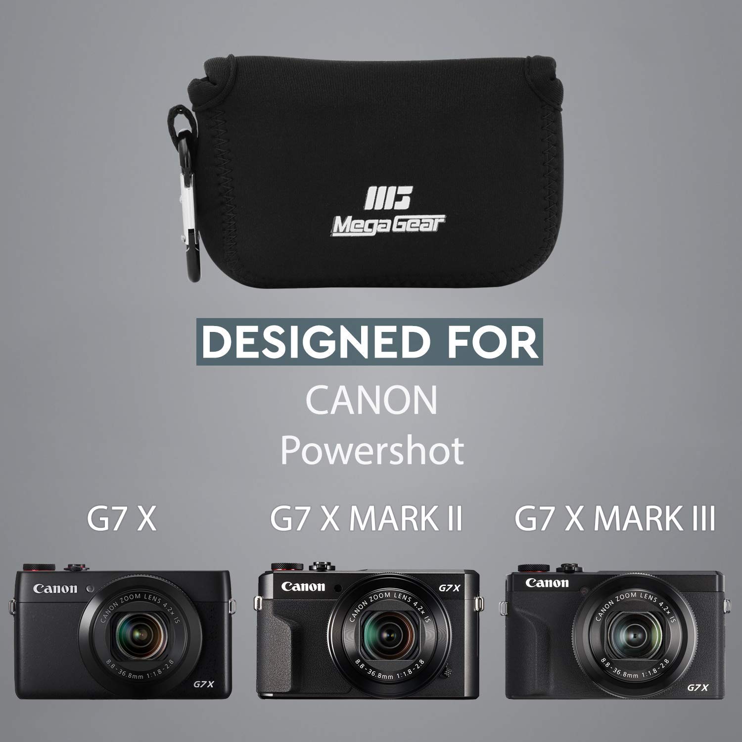 MegaGear 'Ultra Light' Neoprene Camera Case Bag with Carabiner for Canon PowerShot G7X, Canon PowerShot G7 X Mark II Cameras (Black)