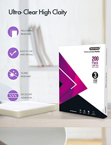 SINOPUREN Thermal Laminating Pouches, 3mil Laminating Sheets, 8.9x11.4 Inches, Letter Size, HeatSeal, Clear (200pack)