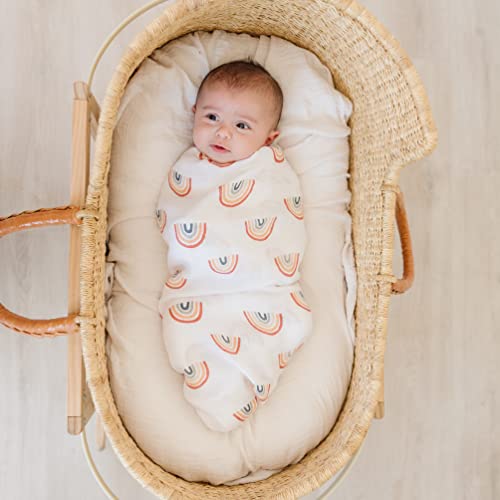 Organic Swaddle Blanket and Hat Set - Baby Receiving Blanket Neutral - Soft Organic Cotton and Bamboo Muslin Swaddle Blanket, Boho Rainbow, Birth Announcement Card, 47" x 47"
