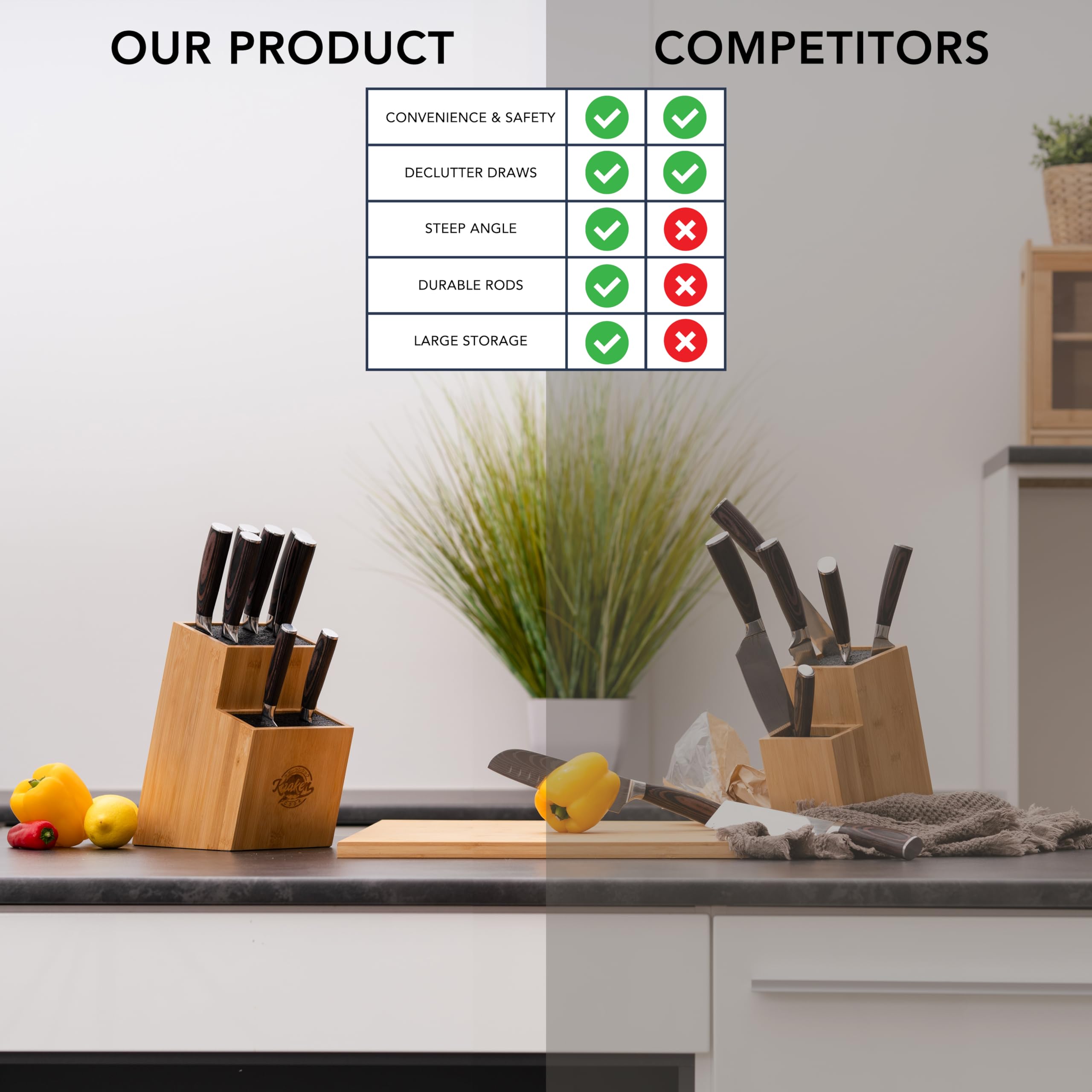 KrakenCook Bamboo Universal Knife Block - Extra large - Without Knives - Strong Resistant Rods - Anti Slip - Two Teired Slotless Knife Organiser