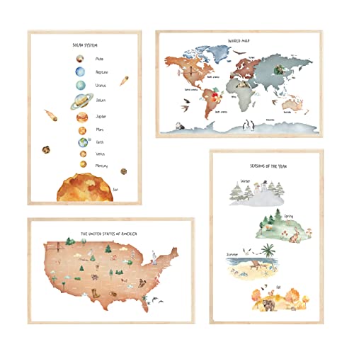 Educational Posters for Toddlers 11x17 inches - Preschool Posters - Worldmap, Solar System Poster, Seasons Chart, USA Map - Nursery Wall Decor - Set of 4 Learning Classroom Posters for Home Kindergarten - Unframed