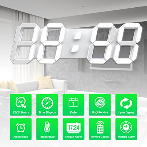 EDUP HOME 15" Large 3D LED Digital Wall Alarm Clock with Remote Control, LED White Light Nightlight Decor Clocks with Multi-Levels Brightness/Time/Date/Temperature Display, for Kitchen Bedroom Office