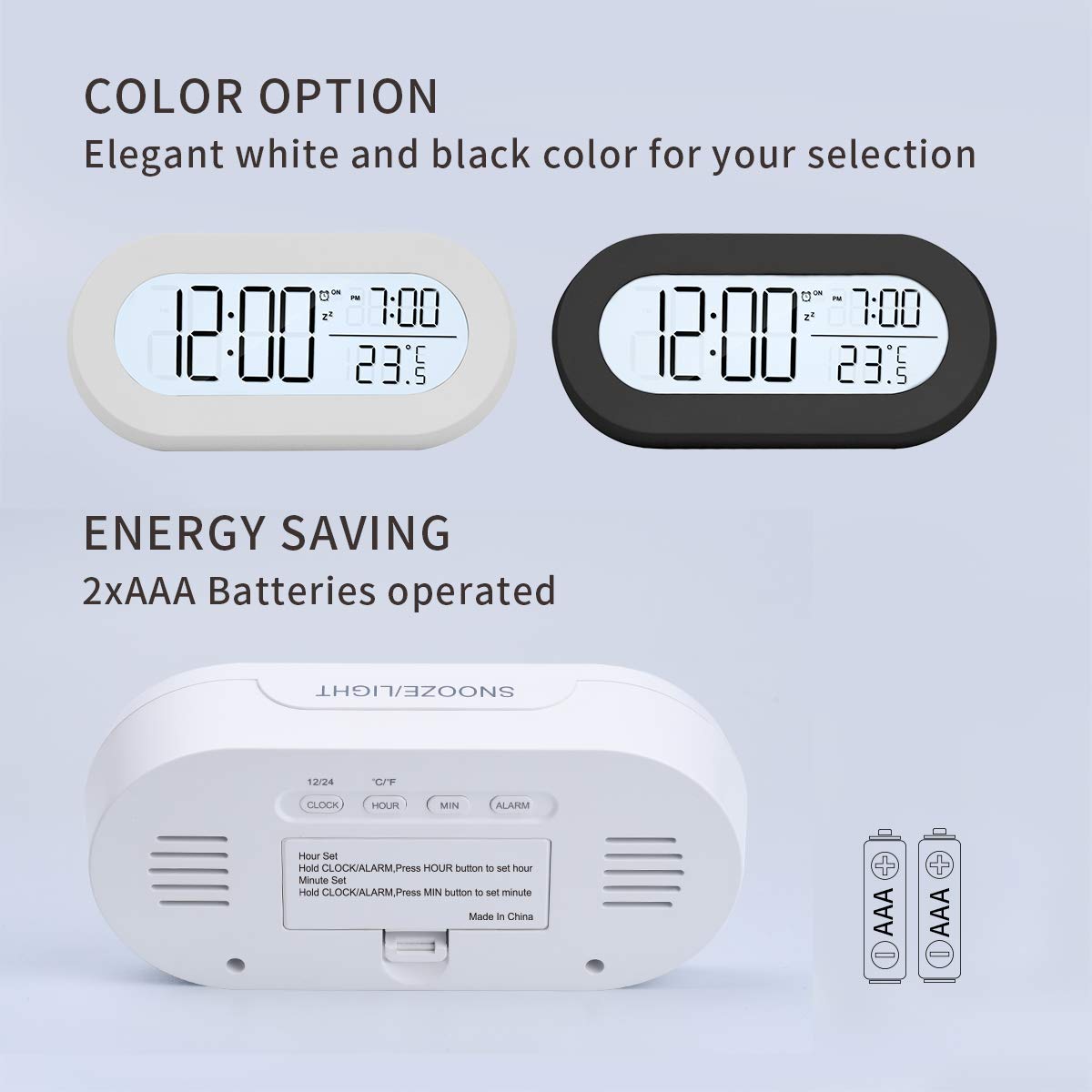 AIJIAXING Digital Alarm Clocks for Desk or Bedroom, Small Alarm Clocks for Kids,with Soft Backlight, Snooze and Temperature, Battery Operated - White…