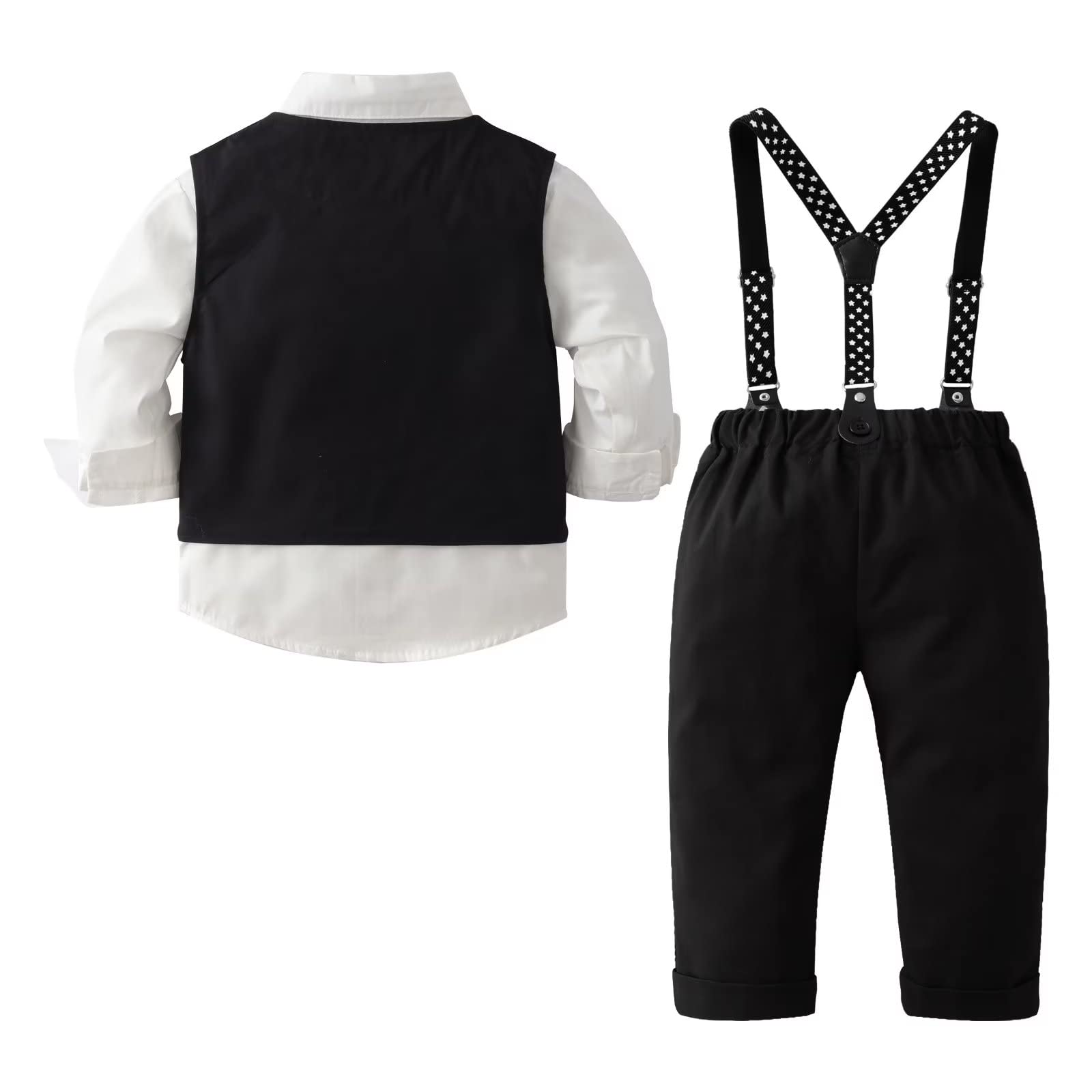 Baby Boys Long Sleeve Dress Shirt with Bowtie + Suspender Pants + Vest Gentleman Outfit for Infant Black 18-24M