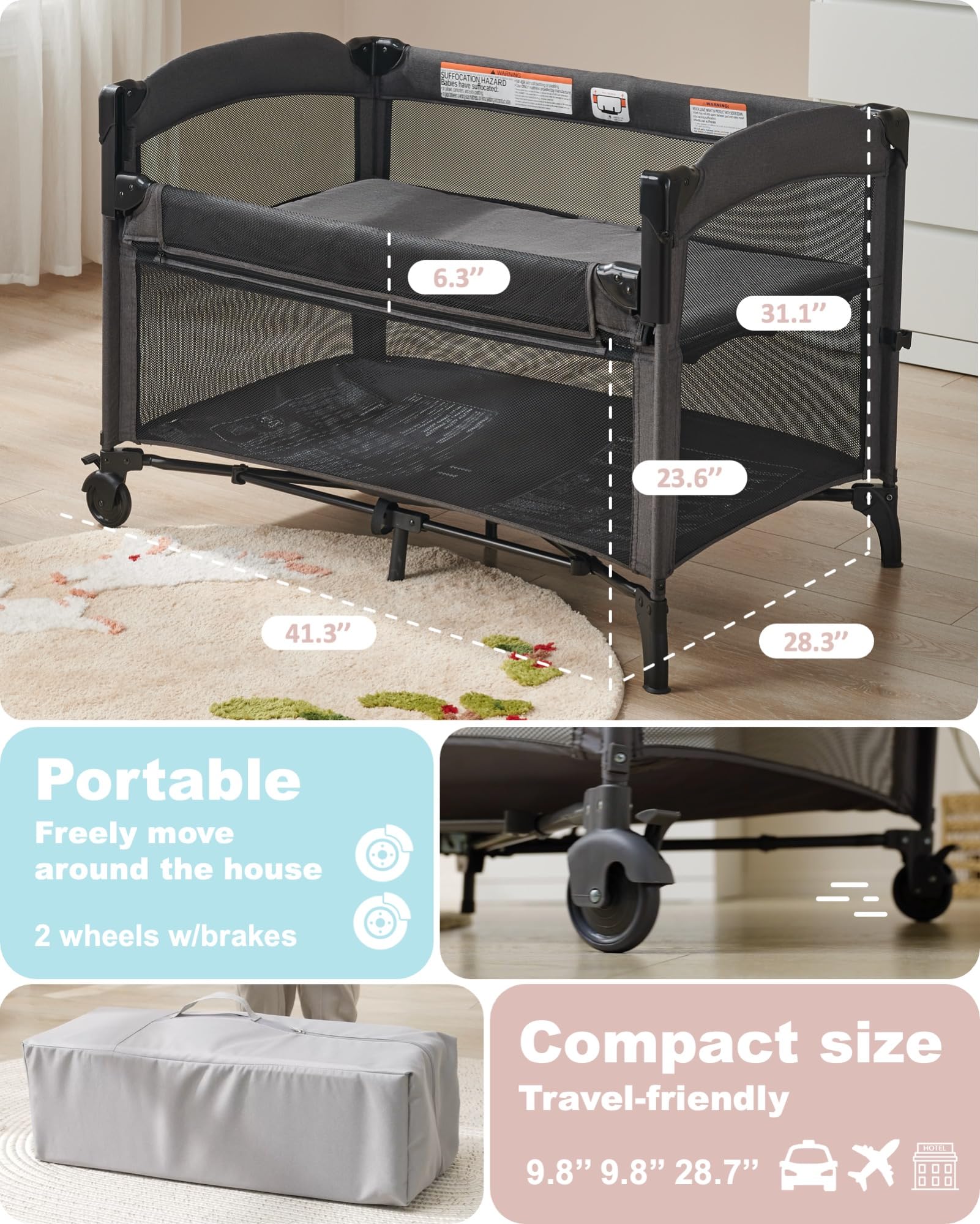 AirClub Baby 4 in 1 Bassinet Bedside Sleeper, Baby Bedside Crib Sleeper, Playard, Portable Diaper Changing Table, Baby Bassinet for Newborn Baby