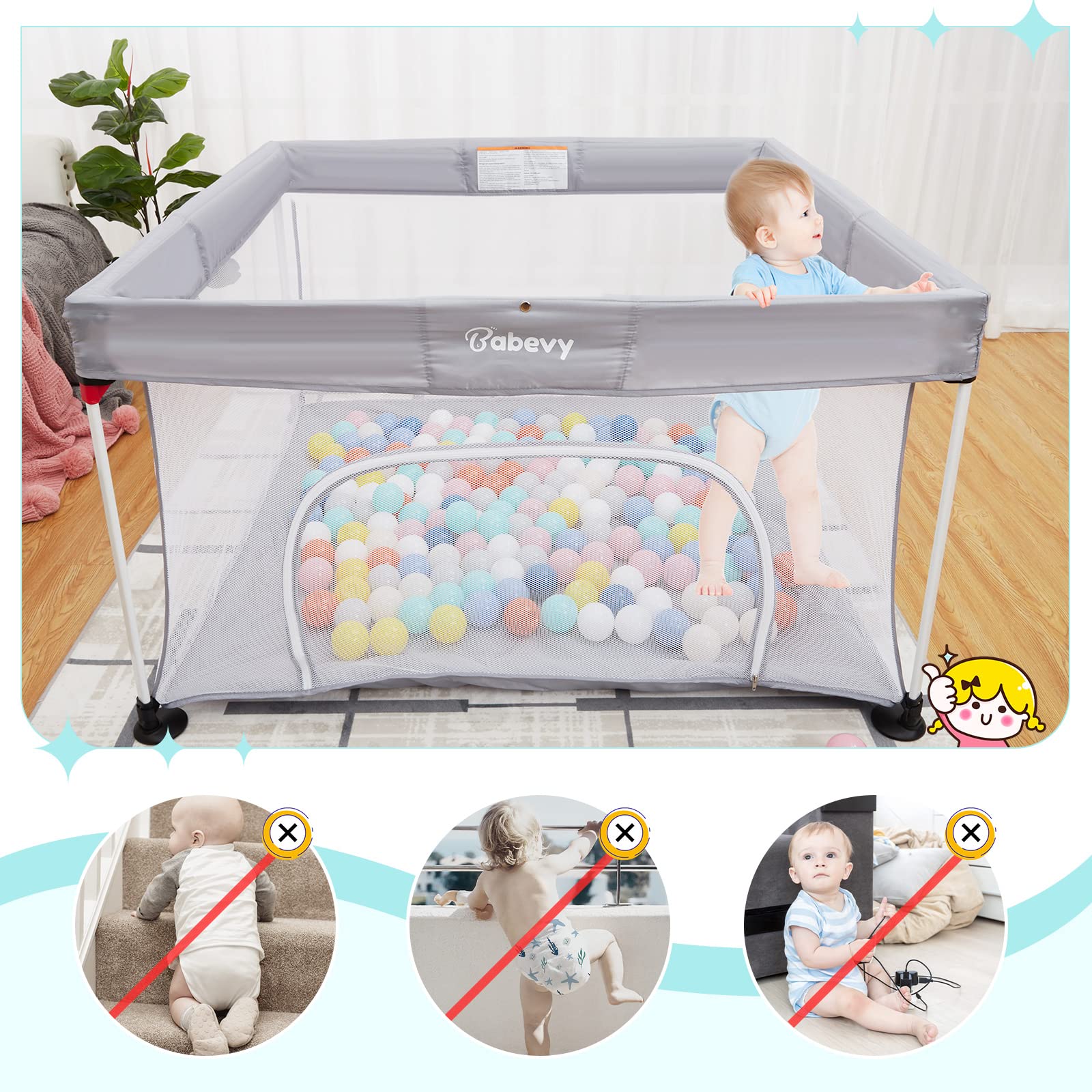 Babevy Foldable Baby Playpen Portable Baby Fence Play Yard for Babies and Toddlers with Gate, Indoor & Outdoor (Grey)