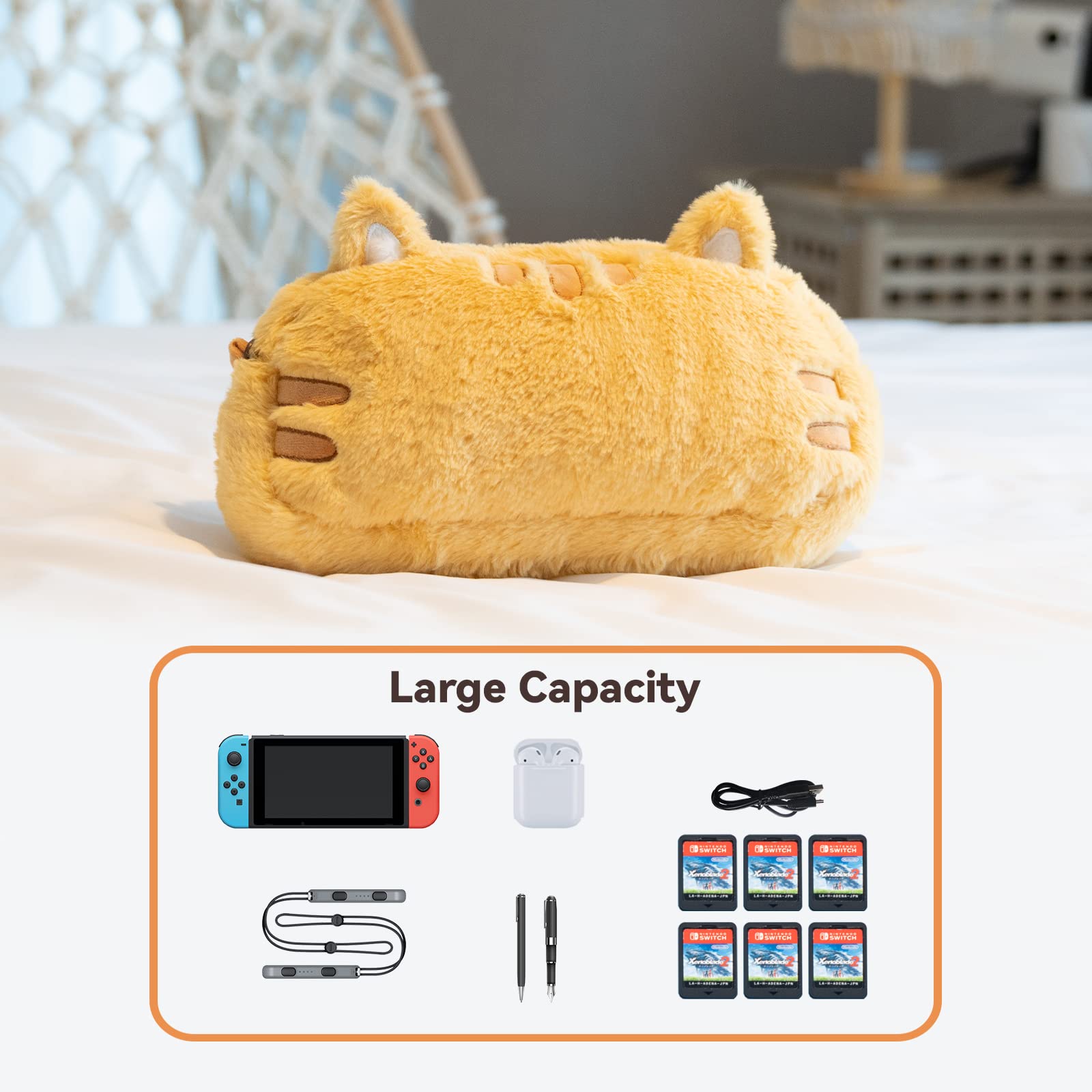 GeekShare Fat Cat Plush Bag with A Shoulder Strap, Cartoon Crossbody Bag Carrying Case Compatible with Nintendo Switch/OLED and Other Accessories