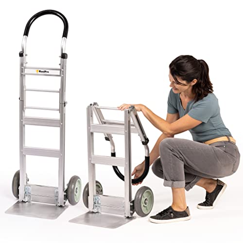 HaulPro Fully Assembled Foldable Hand Truck with 8" Mold-On Rubber Wheels β Horizontal Loop Handle. 500 Lb. Capacity Dolly for Travel, Moving and Office Use | 14 X 7.5 Extruded Aluminum Nose Plate