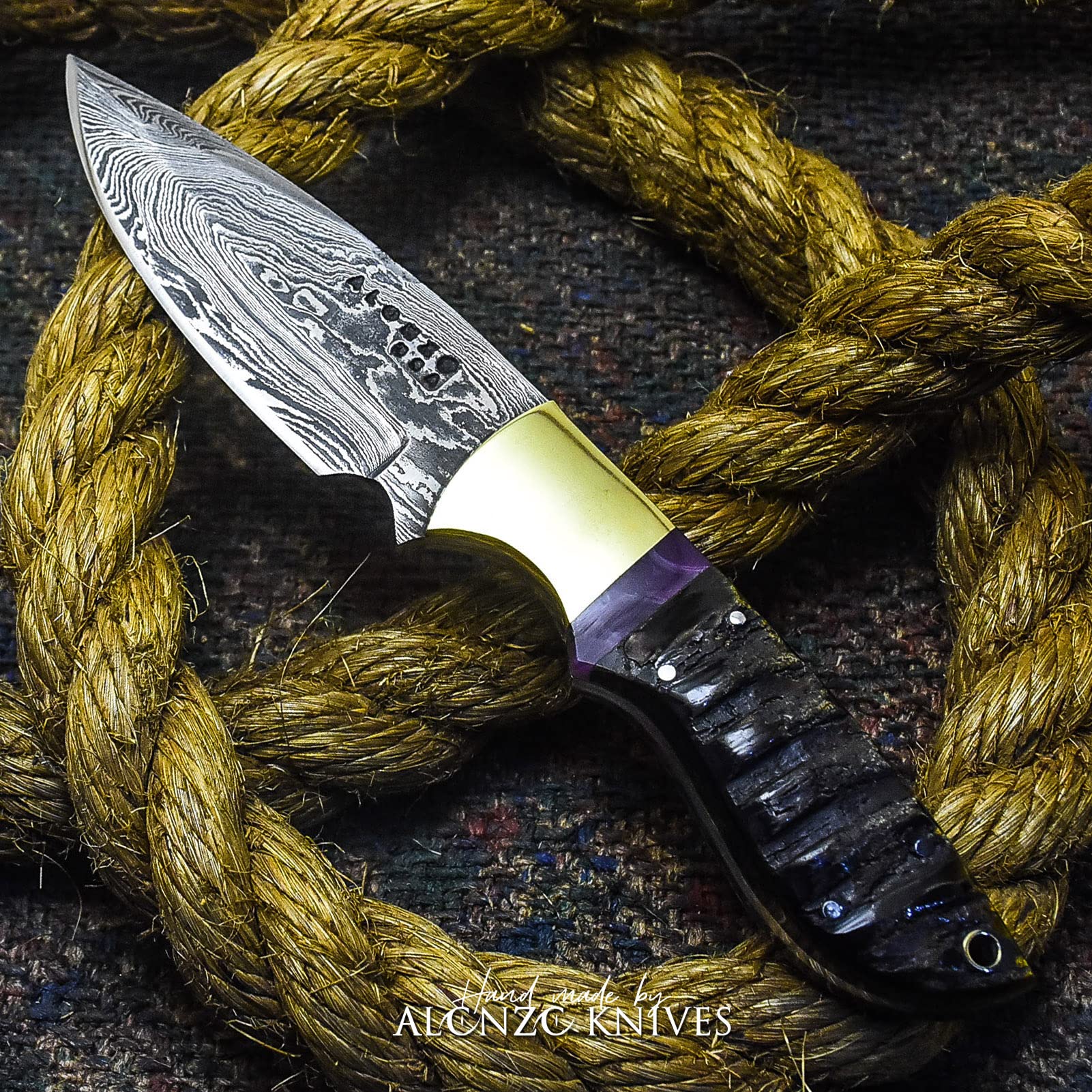 Alonzo Beautiful Damascus Knife Made of Remarkable Damascus Steel Ram Handle-Ideal Hunting Fixed Balde Brass Tube Knife with Sheath 26202