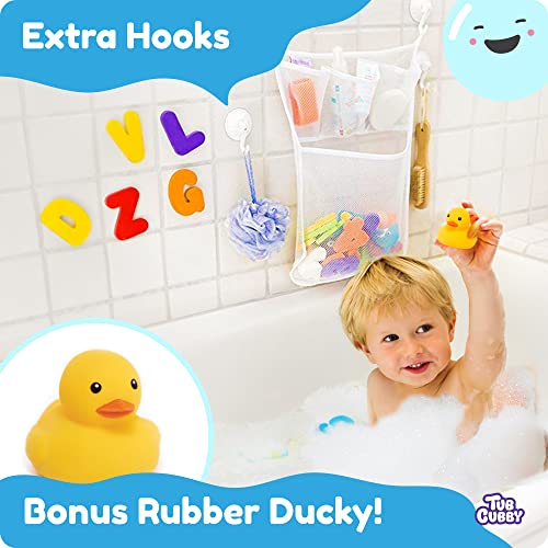 Original Tub Cubby Bath Toy Storage - Hanging Bath Toy Holder, with Suction & Adhesive Hooks, 14"x20" Mesh Net Shower Caddy for Kids Bathroom Decor, Bedroom & Car Toy Organizer - Bonus Rubber Duck & Hooks
