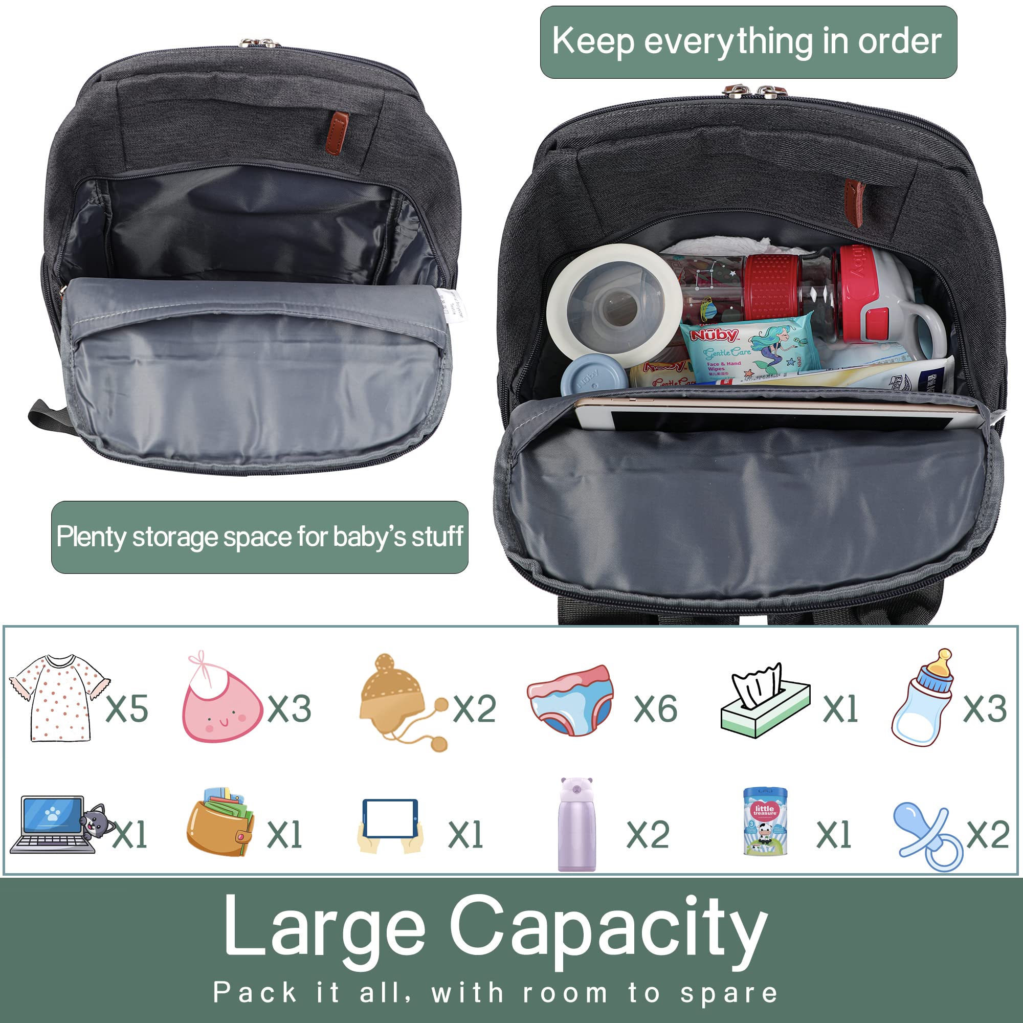 BABYARA Diaper Bag Backpack with Changing Pad, Waterproof Baby Bag with Insulated Pockets, Stroller Straps & Ergonomic Design