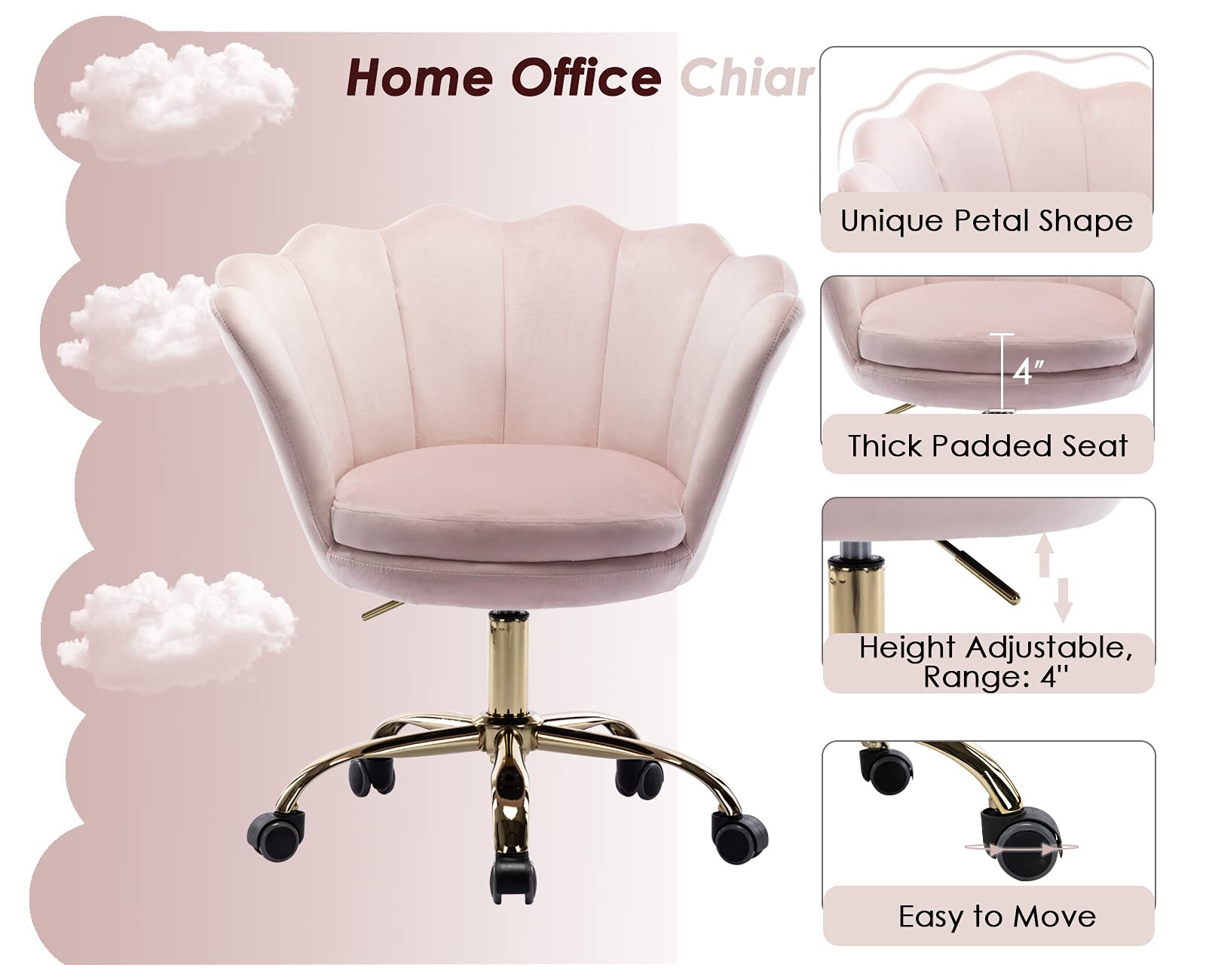 CIMOTA Desk Chair Velvet Cute Adjustable Vanity Chair Modern Home Office Chair Scalloped Task Chair with Wheels for Teens Adults Bedroom/Study/Make Up/Computer Room, Light Pink