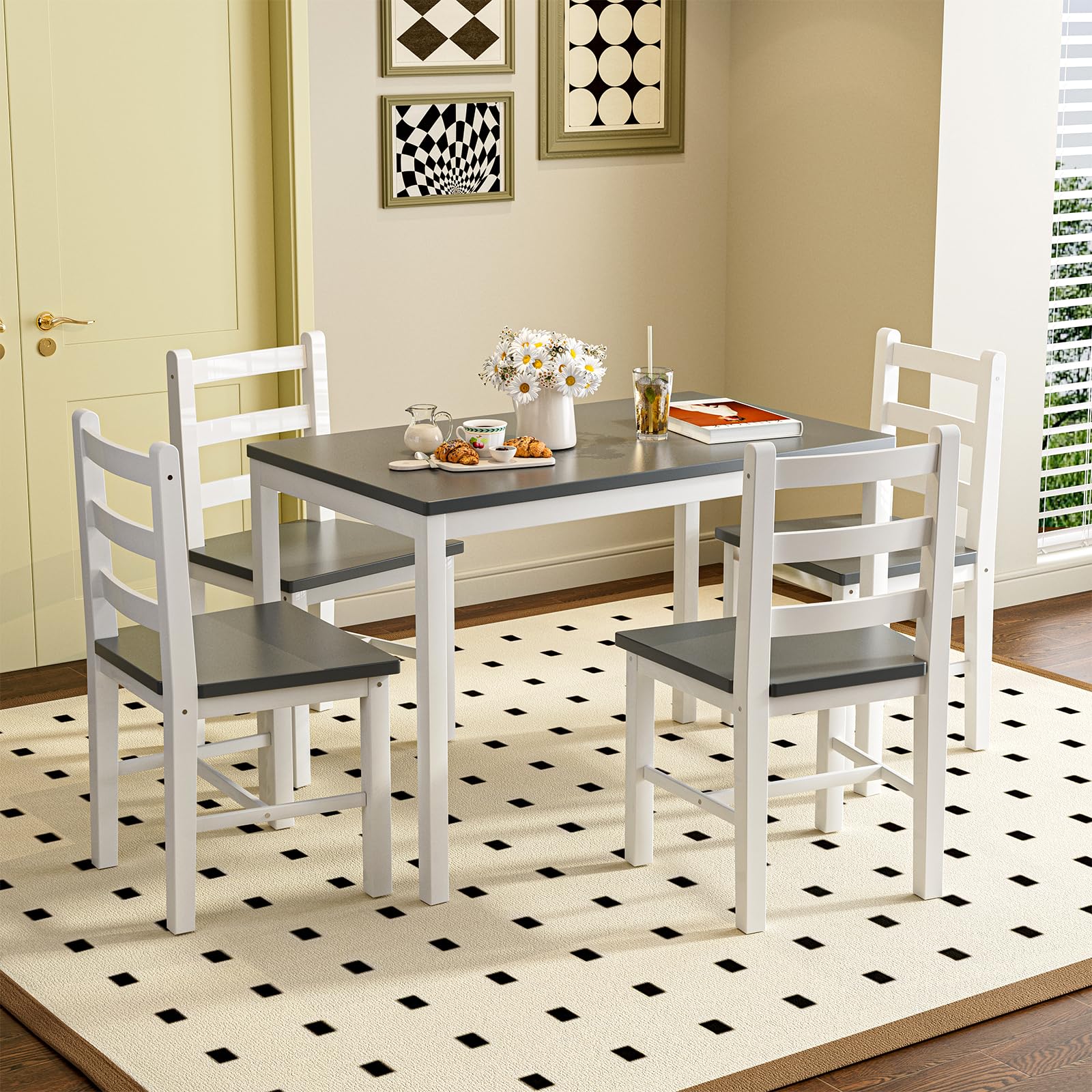 AOVSA Dining Table Set for 4, 5-Piece Small Kitchen Table Chairs Set, Farmhouse Wood Dining Furniture, Space-Saving for Home, Apartment, Kitchen, Restaurant