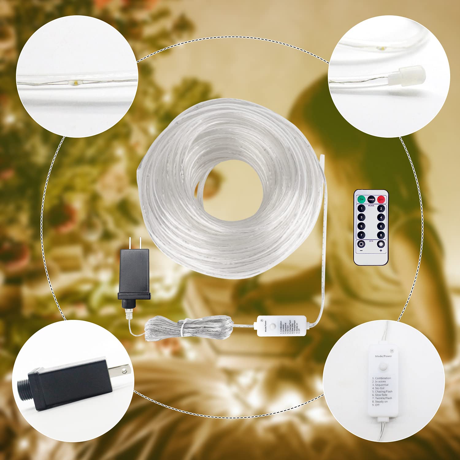 LED Rope Lights Outdoor, 98.4Ft/300 LEDs Dimmble String Lights Rope Lights with Remote and Timer, IP65 Waterproof Fairy String Lights Battery Powered for Home Garden Christmas Tree Patio (Warm White)