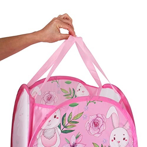 WEI LONG Mesh Popup Hamper-Foldable Lightweight Basket for Washing-Durable Clothing Storage for Kids Room,Students College Dorm,Home,Travel & Camping-Pop-up Clothes Hamper (Pink Kitty Cat)