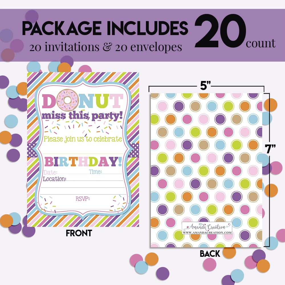Colorful Donut with Sprinkles Birthday Party Invitations, 20 5x7 Fill In Cards with Twenty White Envelopes by AmandaCreation