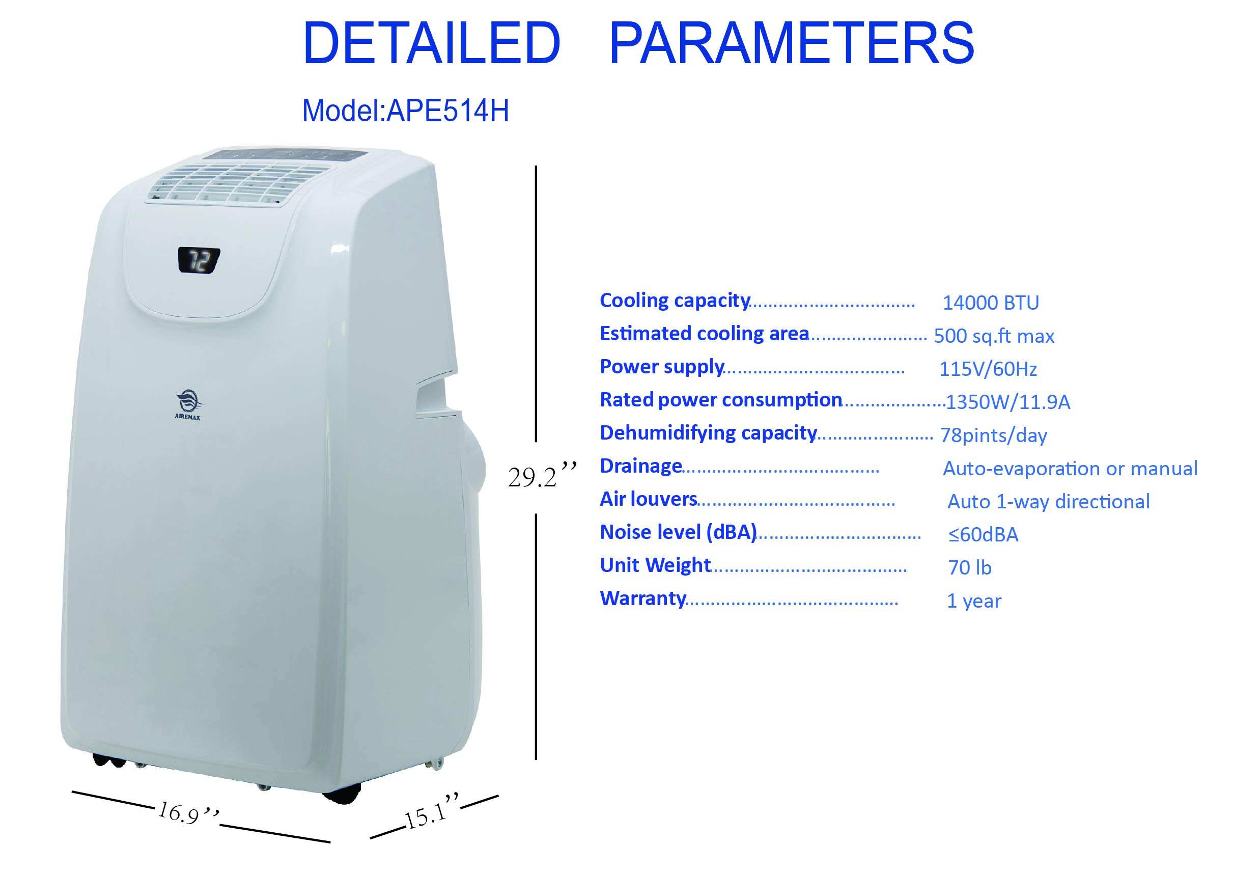 AireMax Portable Air Conditioner and Heater with Remote Control | For Rooms up to 500 Sq.Ft. | 24H Timer | Auto Restart | Wheels | LED Display | 4 Modes | White | APE514H
