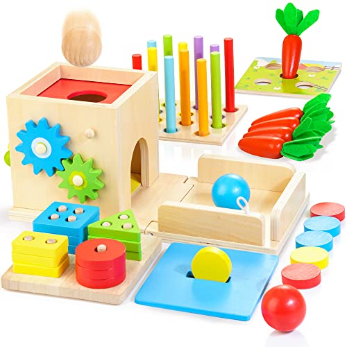 Kizfarm Wooden Montessori Baby Toys, 8-in-1 Wooden Play Kit Includes Object Permanent Box, Coin Box, Carrot Harvest, Shape Sorting & Stacking - Christmas Birthday Gift for Boys Girls Toddlers