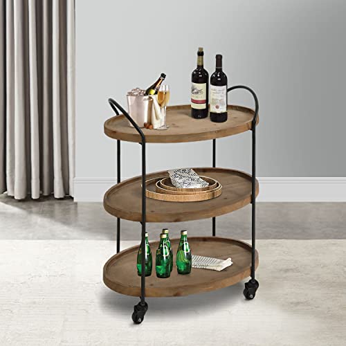The Urban Port 23-Inch Wood Bar Cart with 3-Tier Storage Trays and Metal Frame, Brown and Black