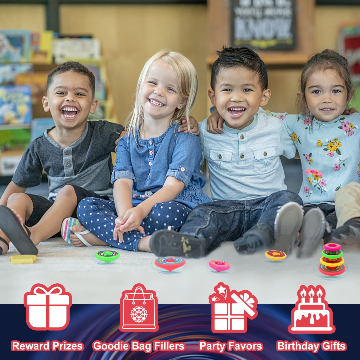 Durable Stackable Spinning Tops for Kids, Set of 4, Spin Toys, Fun Birthday Party Favors for Boys and Girls (Up 3 Years Old)