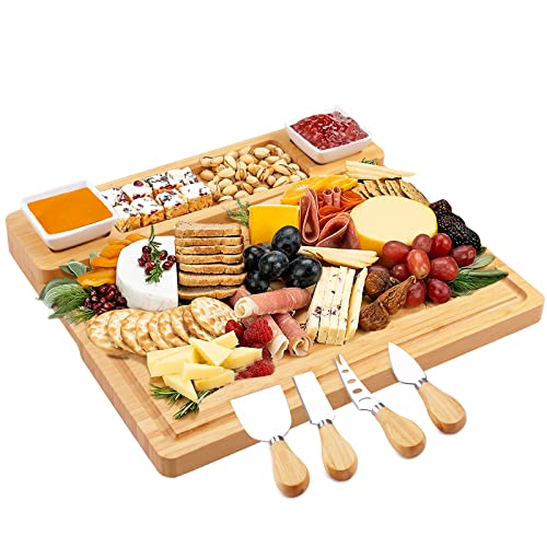 Large Charcuterie Boards and Knife Set - Bamboo Cheese Board - Wine Meat Cheese Tray Platter - Unique Housewarming Gifts, Anniversary Wedding Gifts for Couple, Bridal Shower Gift