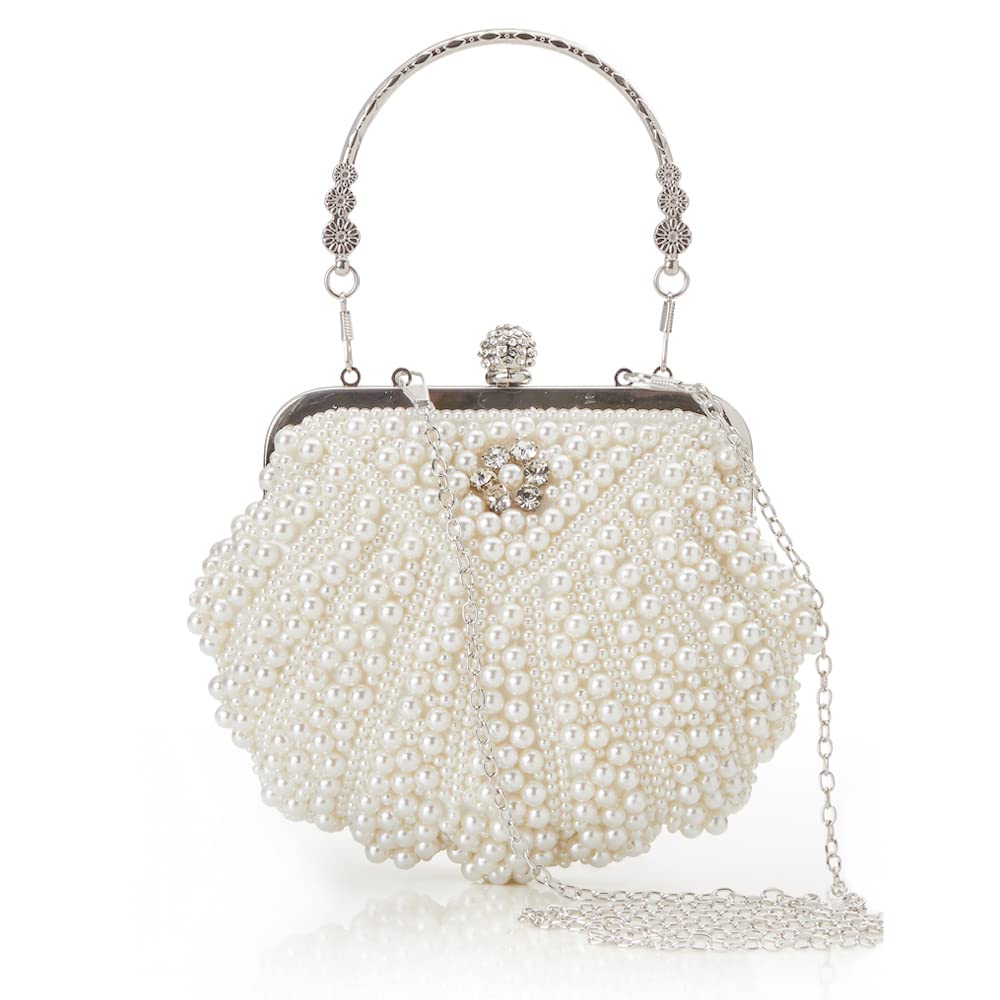 BABEYOND Women Pearl Clutch Purse - Beaded Bridal Evening Bag Formal shell shape Handbag for 1920s Party Prom Wedding