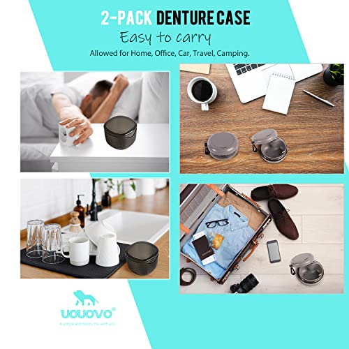 Denture Case Kit - 2 Pack - Definitely No-Leak Denture Bath Case for Home and Travel Kits Denture Cup with Strainer & Magnetic Mirror,Completely Clean Care for Retainer, Mouth Guard, & Denture (Grey)