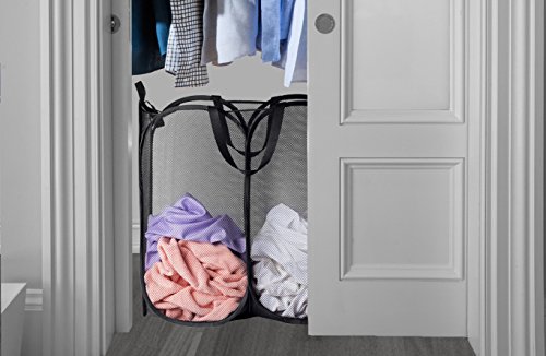 Mesh Popup Laundry Hamper - Two Compartments, Collapsible for Storage and Easy to Open. Folding Pop-Up Clothes Hampers are Great for The Kids Room, College Dorm or Travel. (Black)