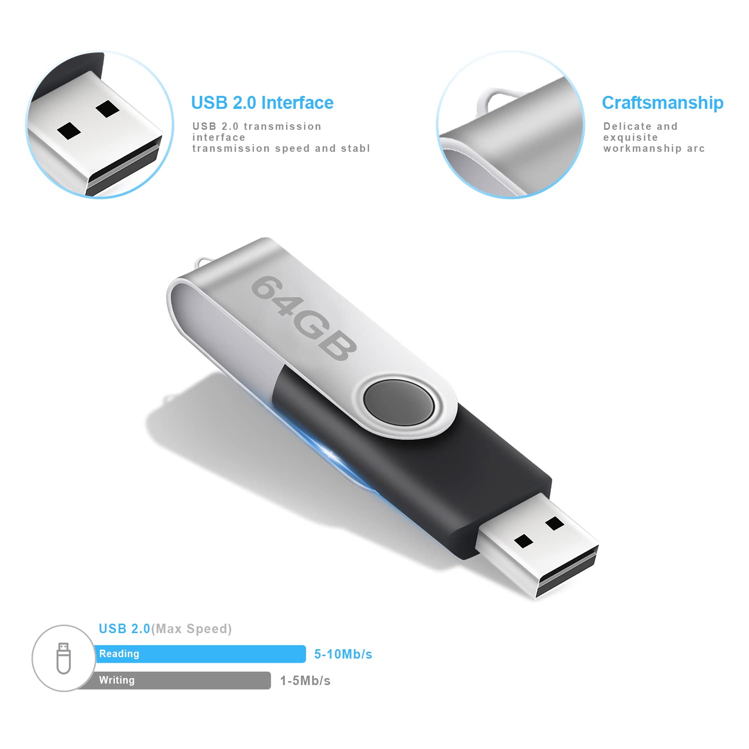 BAIGUIYX 64GB USB Flash Drive Metal Waterproof USB Drive High Speed Thumb Drive 64GB Portable Memory Stick for PC/Tablet/Mac/Laptop/Projector