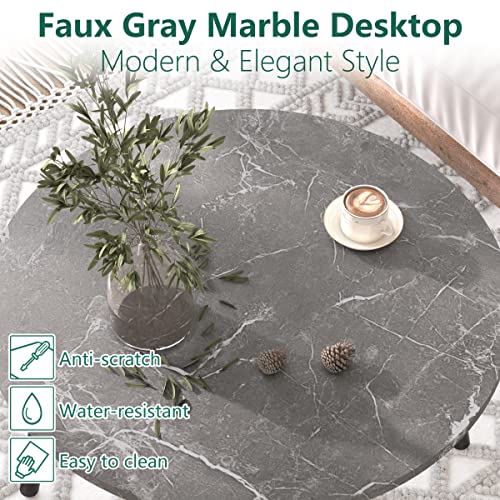 WiberWi Round Coffee Table 23.6β Small Coffee Tables for Living Room Faux Grey Marble Top Modern Circle Table Sturdy Black Solid Wood Legs Cocktail Table End Table