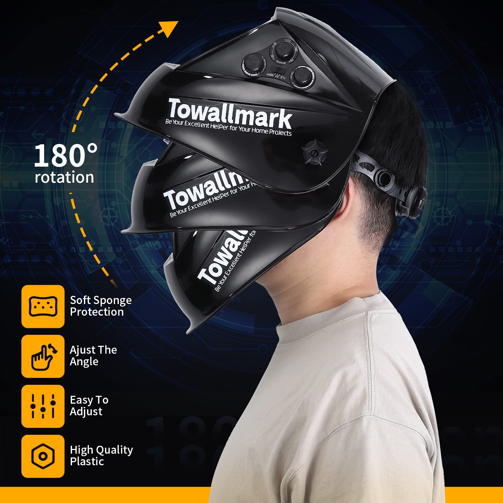 Auto Darkening Welding Helmet, 3.95”×3.9” Large Viewing Welding Hood, True Color Solar/Battery Powered Welder Mask, 4 Arc Sensor Wide Shade 4~5/9-9/13 for TIG/MIG/Stick/Cut