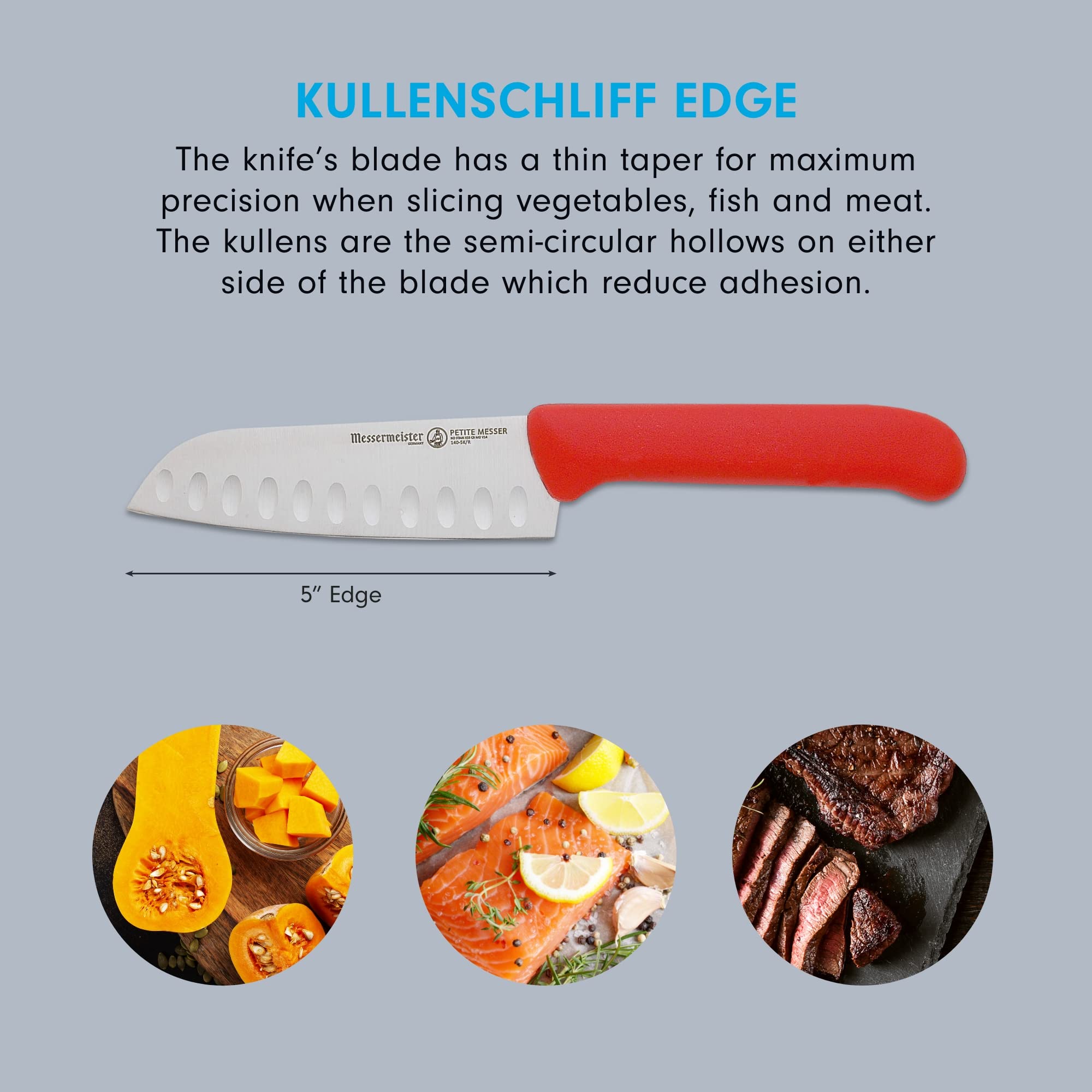 Messermeister Petite Messer 5” Kullenschliff Santoku Knife, Red - German 1.4116 Stainless Steel & Ergonomic Handle - Lightweight, Rust Resistant & Easy to Maintain