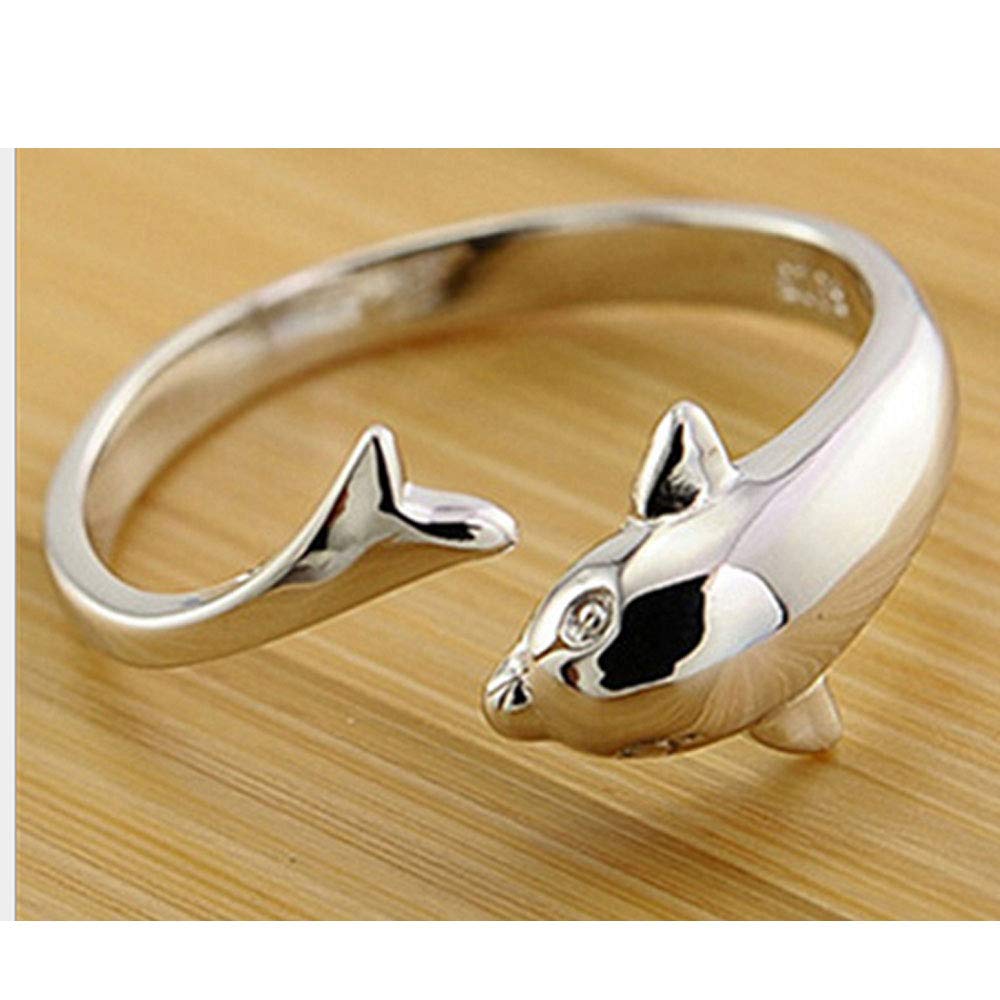 925 Sterling Silver Cute Dolphin Adjustable Rings for Women Girls Teen Dainty Small Tiny Tail Fish Wrap Statement Stacking Toe Finger Open Band Ring Dainty Jewelry Birthday Gift (silver)