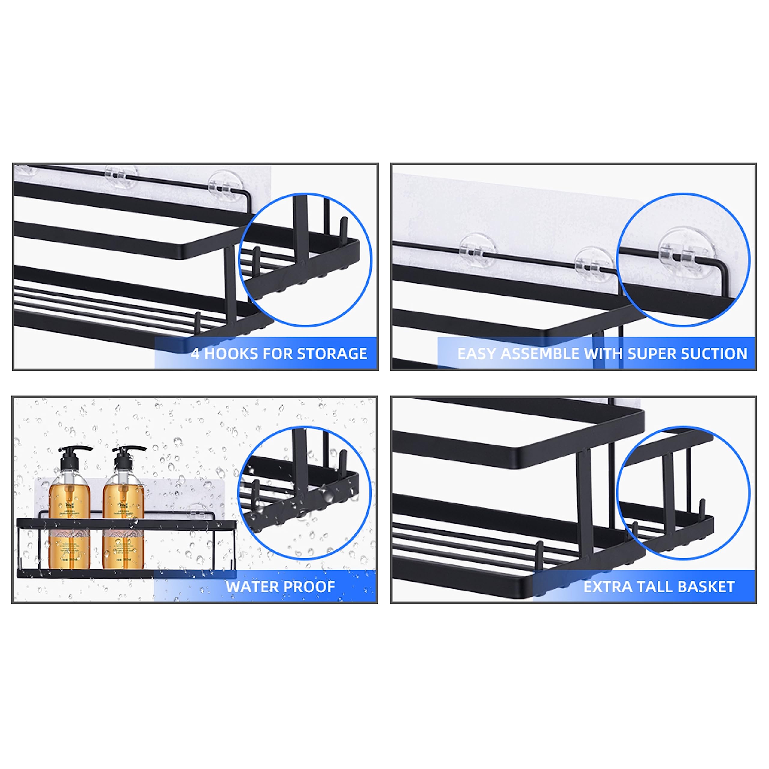 Comelyjewel 6 Pack Bathroom Adhesive Shower Shelves for Tile Wall Toiletry Kitchen Organizer and Large Capacity Bathtub Essentials Wall Rack Suction Shower Caddy for Inside Shower Storage