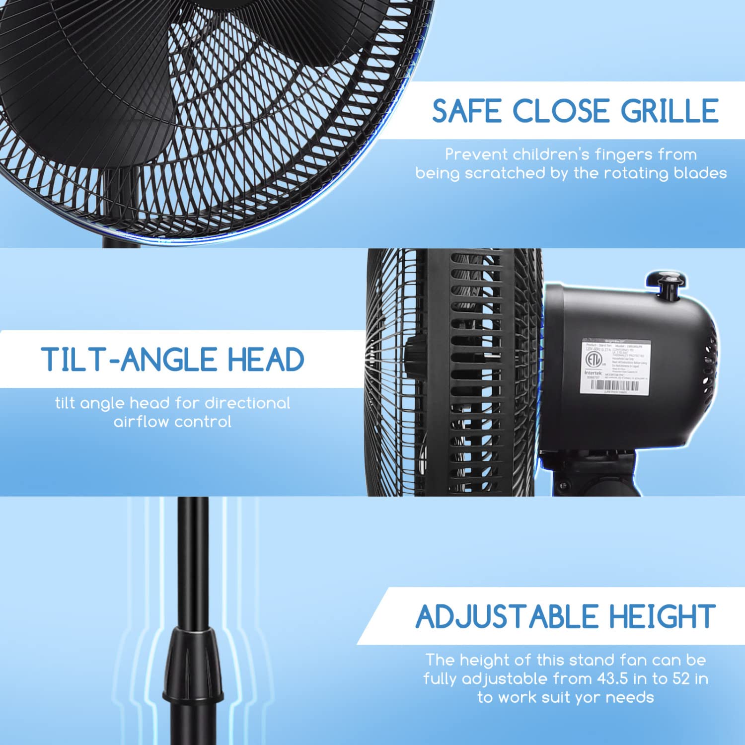 Aigostar 16'' Standing Fan with 3 Adjustable Speed, High Energy Efficiency Quiet Pedestal Fan Oscillating Fan, Adjustable Height Room Fan for Bedroom, Indoor, Home & Office, Compact Design, Black