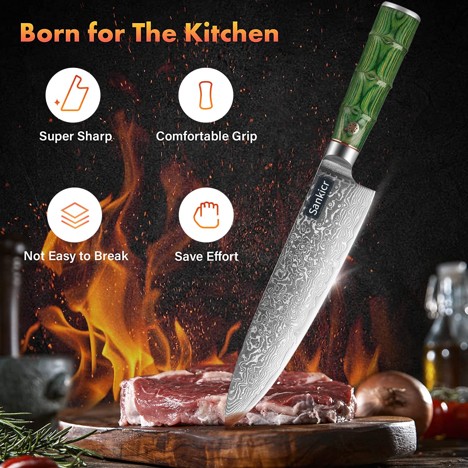 Damascus Chef Knife 8 inch- Razor Sharp Kitchen Knife Made of Damascus VG-10 Steel Special Chef's Knife for the Kitchen, Green Ebony Handle Ergonomic (8.03)…