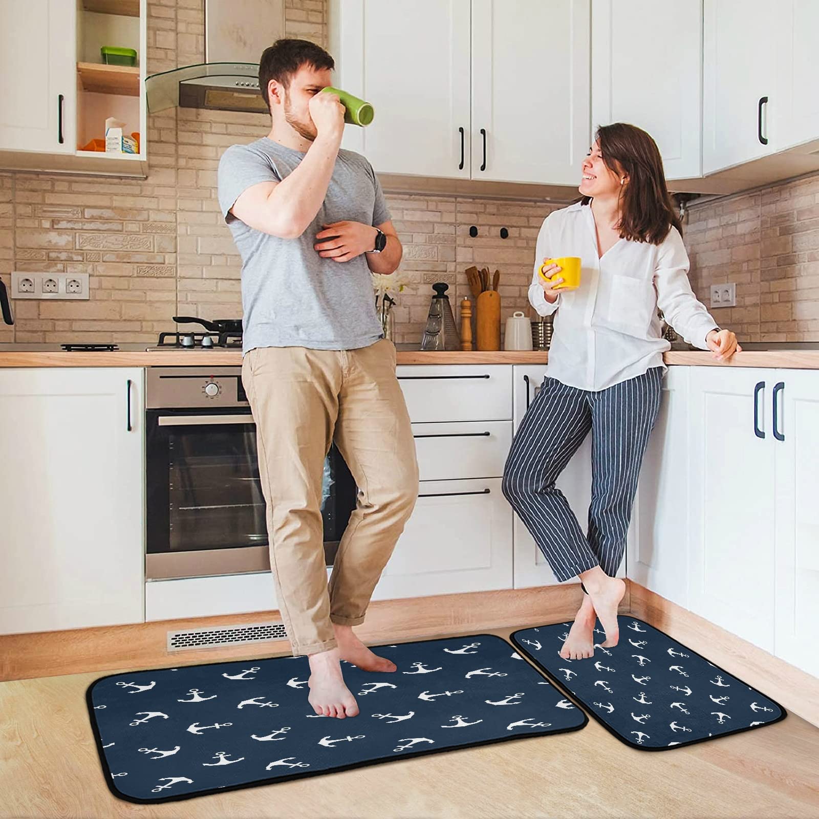 ALAZA Anchor Nautical Blue Ocean 2 Piece Kitchen Rug Floor Mat Set Runner Rugs Non-Slip for Kitchen Laundry Office 20" x 28" + 20" x 48"