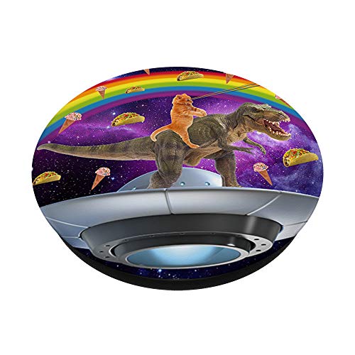 Rainbow Laser Eye Kitty Riding T-Rex Funny Space Cat PopSockets PopGrip: Swappable Grip for Phones & Tablets