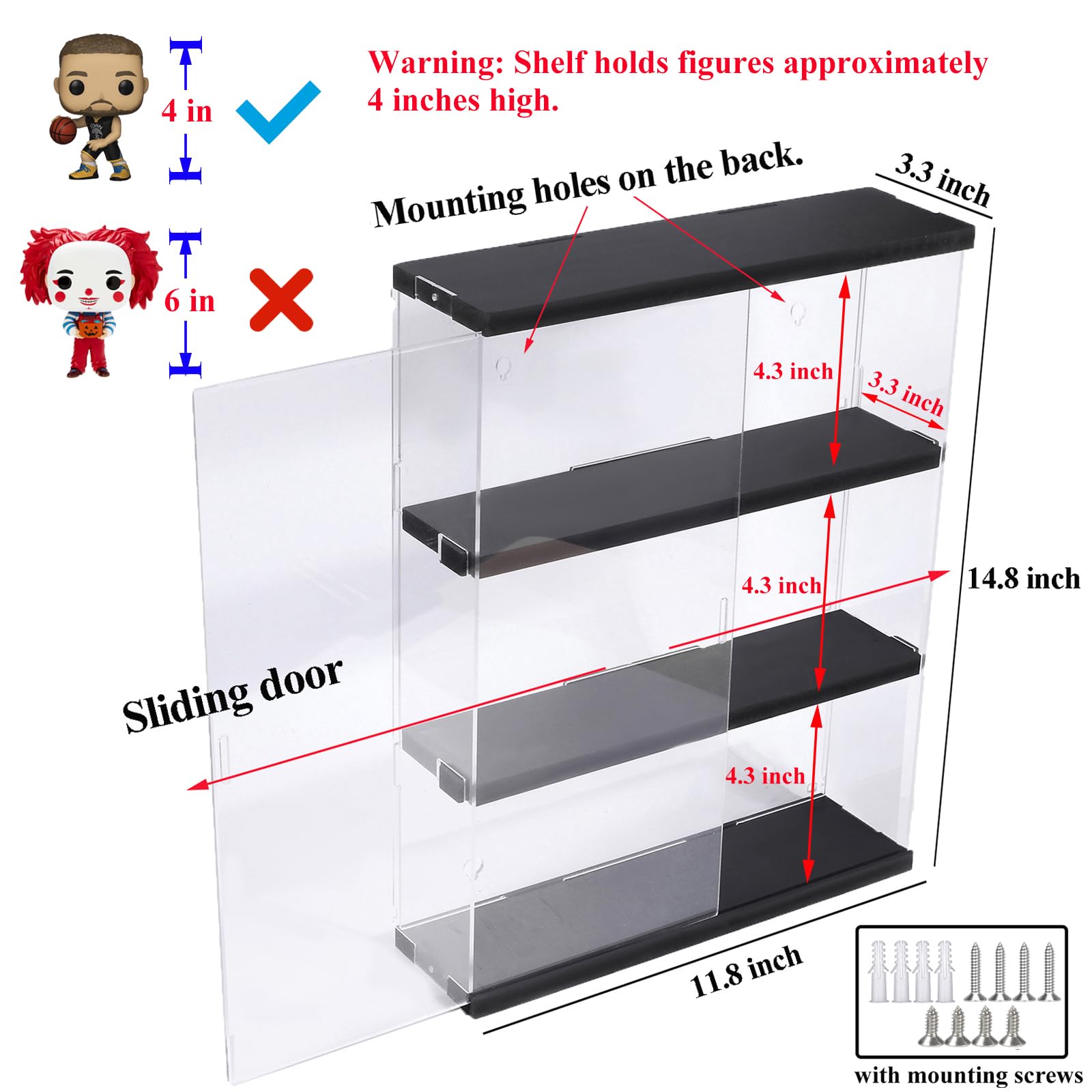 DuvinDD Acrylic Display Case Wall Mounted Funko POP Shelves, Clear Collectibles Showcase Display Cabinet with Sliding Door for Lego Figure Dustproof Storage Box Black(11.8x3.3x14.8inch)