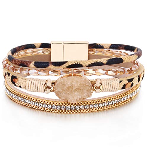 FANCY SHINY Leather Wrap Bracelet Boho Cuff Bracelets Crystal Bead Bracelet with Clasp Jewelry Gift for Women Teen Girls(7.7", Tan Leopard)