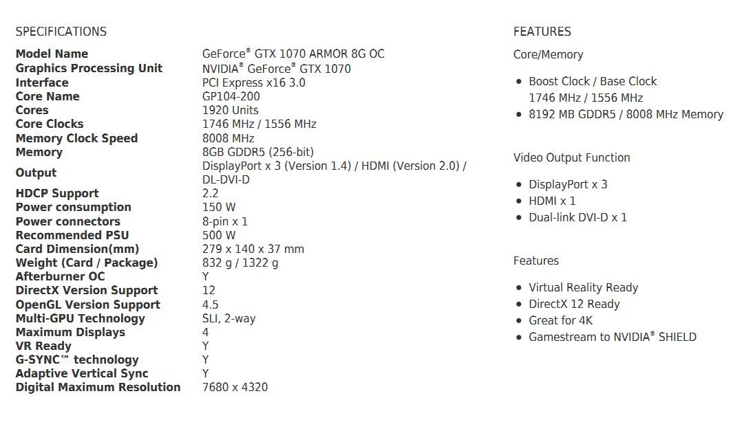 MSI Gaming GeForce GTX 1070 8GB GDDR5 SLI DirectX 12 VR Ready Graphics Card (GTX 1070 ARMOR 8G OC)