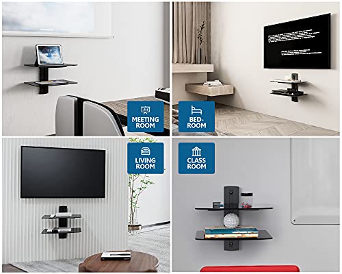 Fenge 2 Tiers Av Shelf Wall Mount Shelf Hold up to 22lbs Floating Shelves for Wall Under TV DVD Shelf Wall Mount Component Tempered Glass for PS4, Xbox, Game Console and Cable Box