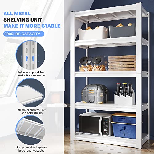 Raybee 72" Garage Shelving Heavy Duty Garage Storage Shelves Load 2000LBS, Adjustable 5-Tier Heavy Duty Shelving, Tall Garage Shelves & All Metal Shelving Utility Shelf, 72" H x31.7 W x16.3 D, White