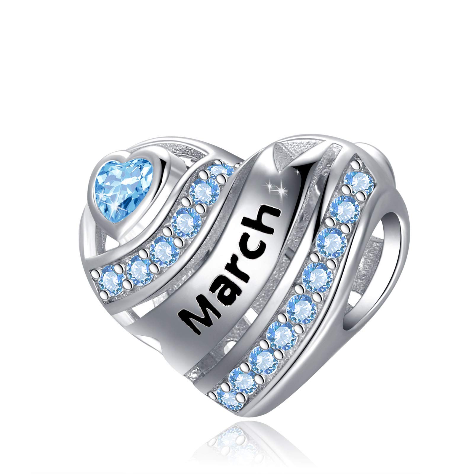 925 Sterling Silver Heart Charms for Charms Bracelet-Birthstone Bead Charms Fit For Pandora Bracelets and Necklaces, March Birthstone Jewelry For Women. (March)
